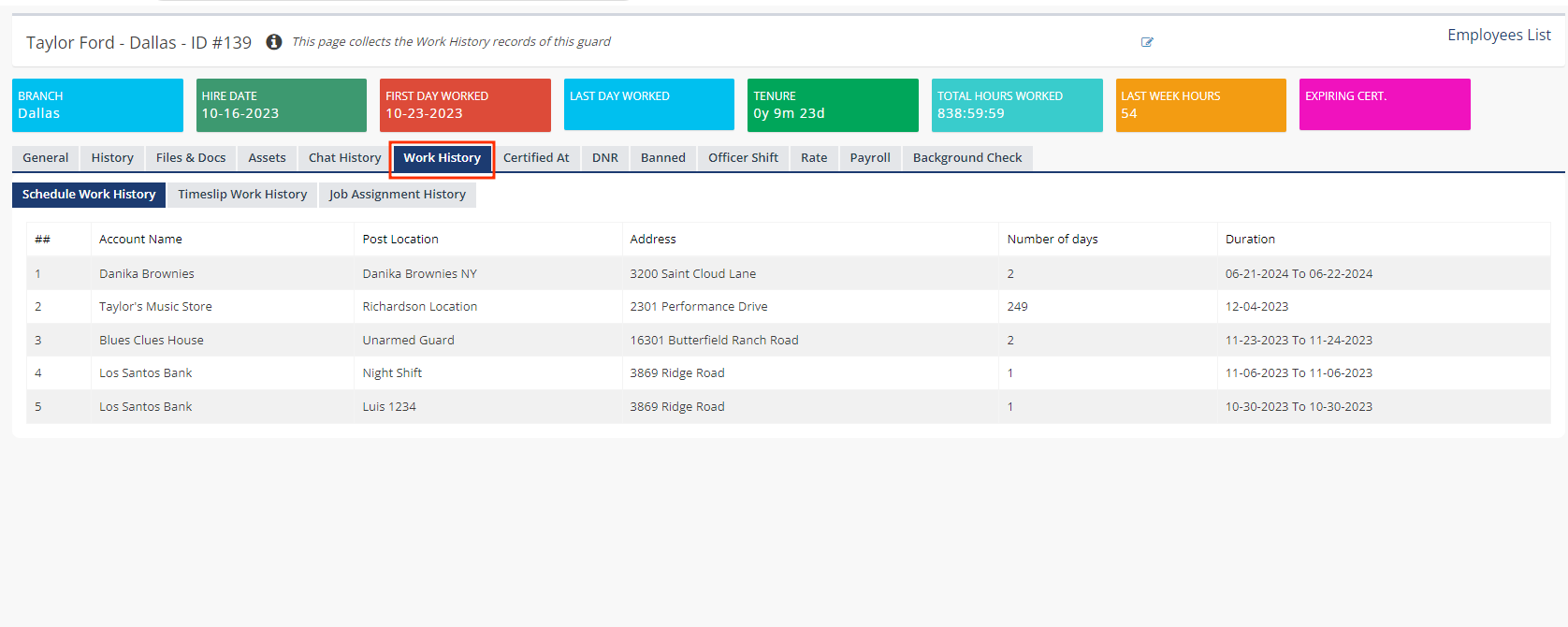 Where can I find an Employee´s Work History?