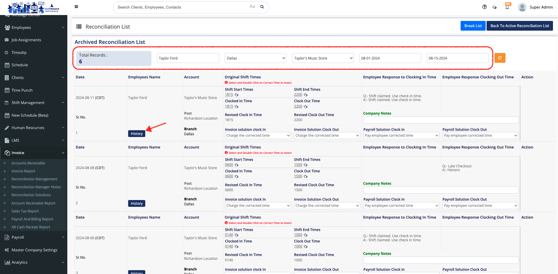 Where can I see the History of Reconciled Shifts?
