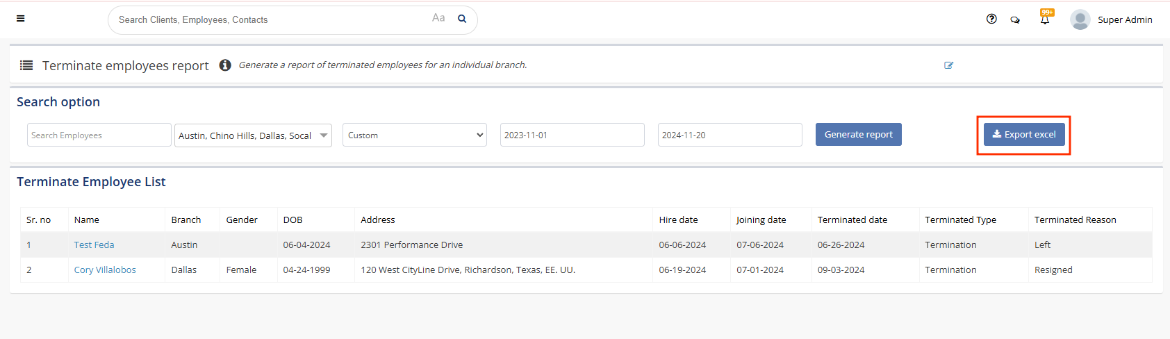 Terminated Employees Report